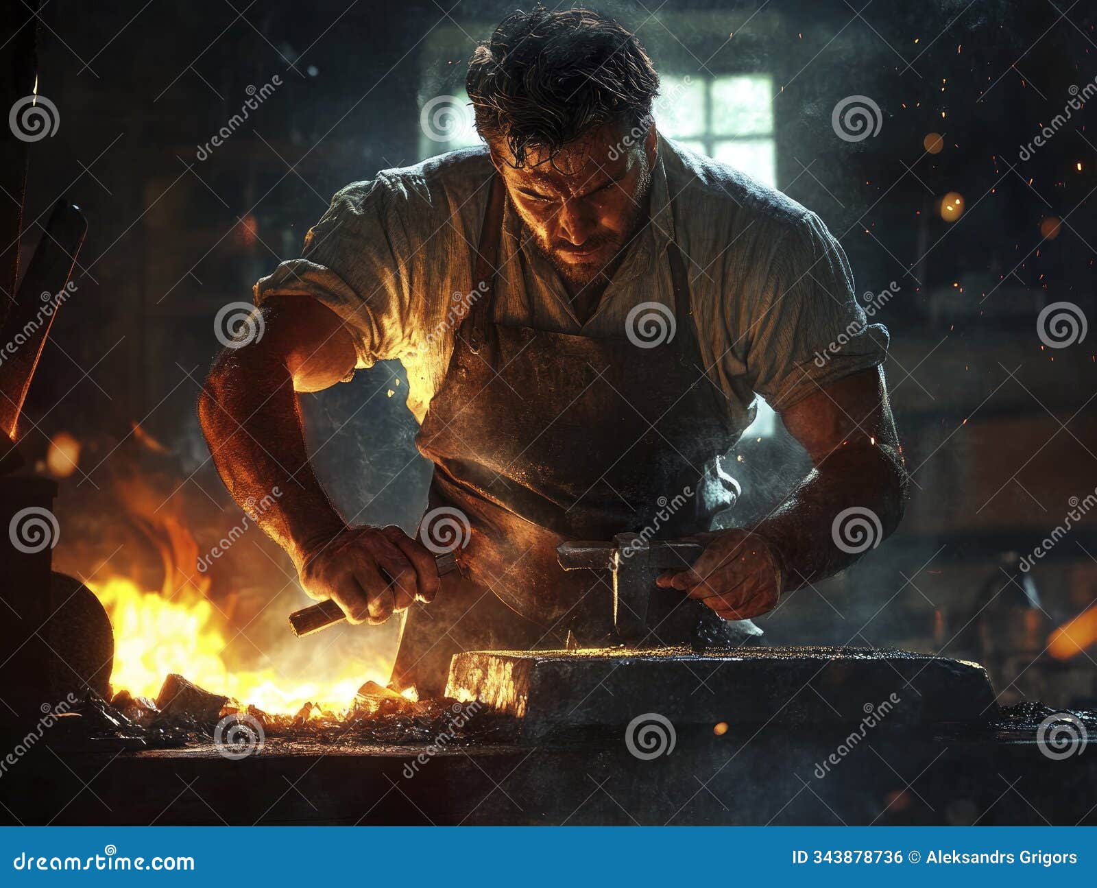 Blacksmith in a Dimly Lit Forge, Hammering Hot Metal on an Anvil, Fire ...