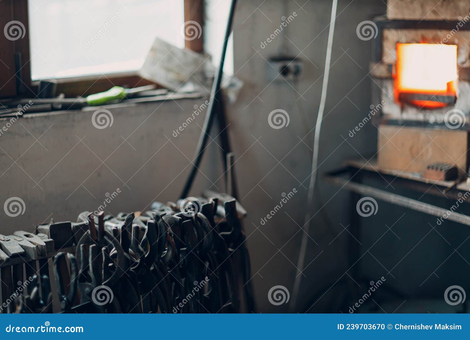 Blacksmith Forge Oven with Hot Flame. Smith Heating Iron Piece of Steel ...