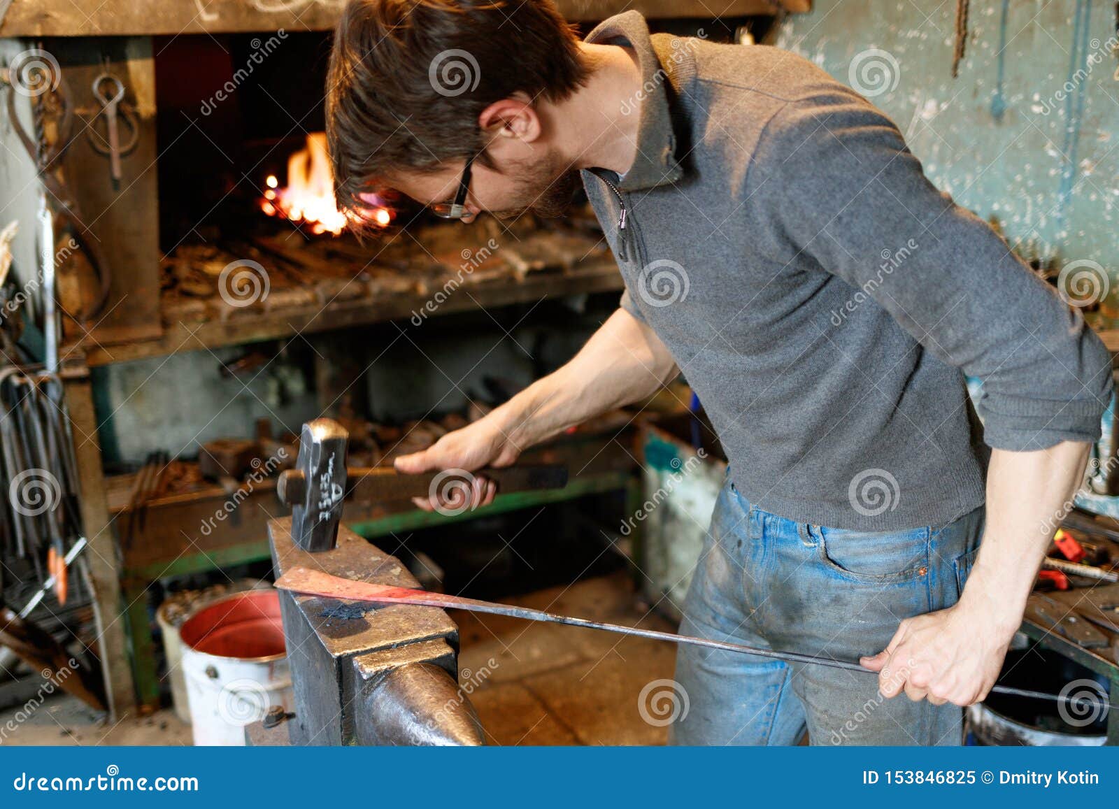 Blacksmith Forging Red-hot Metal with Hammer. Stock Image - Image of ...