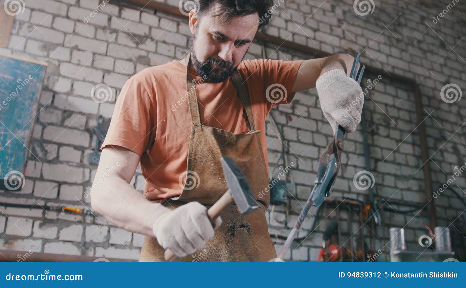 Blacksmith with Hammer in Forge Creating Steel Knife Stock Photo ...