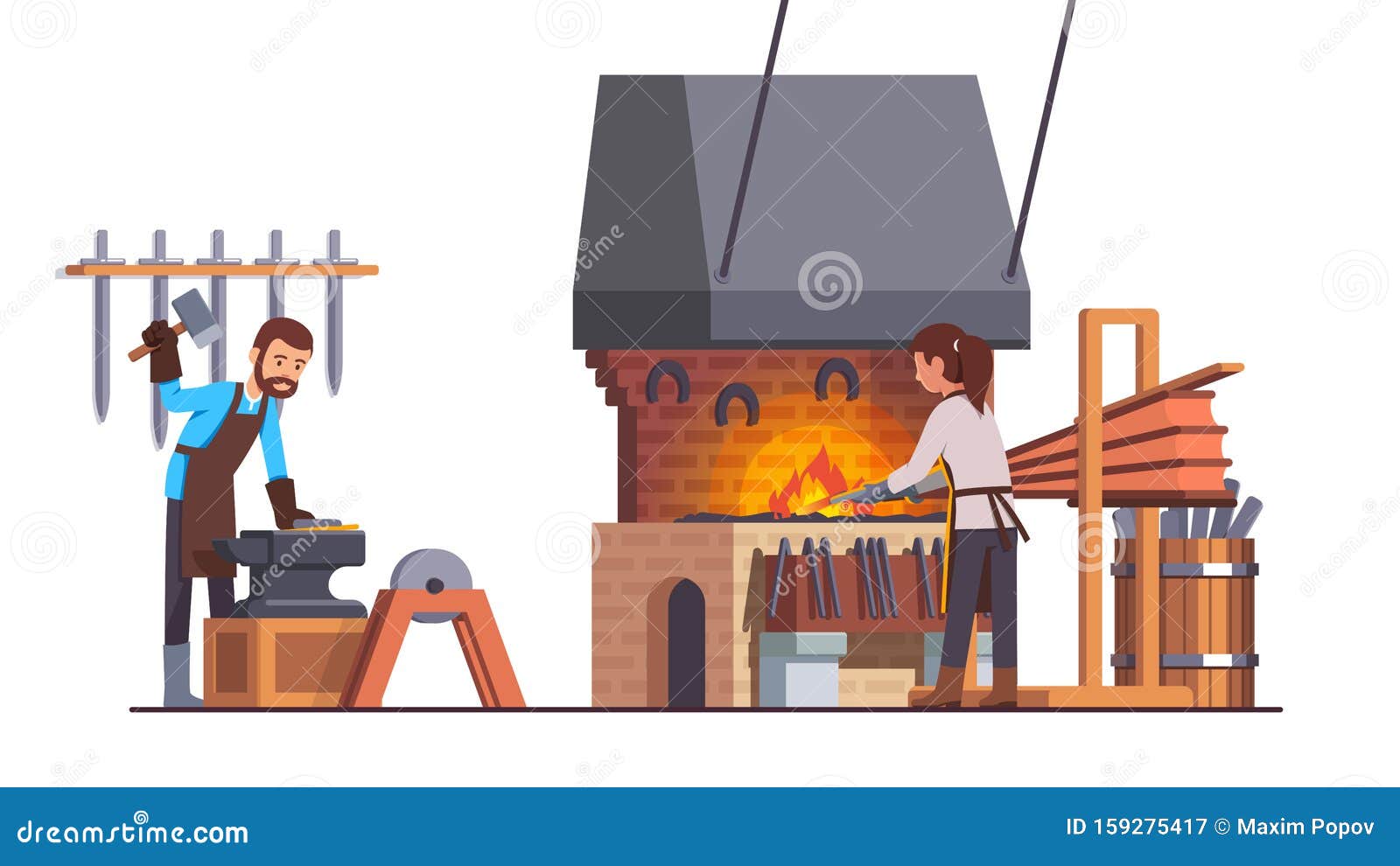 Smithy Workshop Interior With Anvil, Fire Bellows Cartoon Vector ...