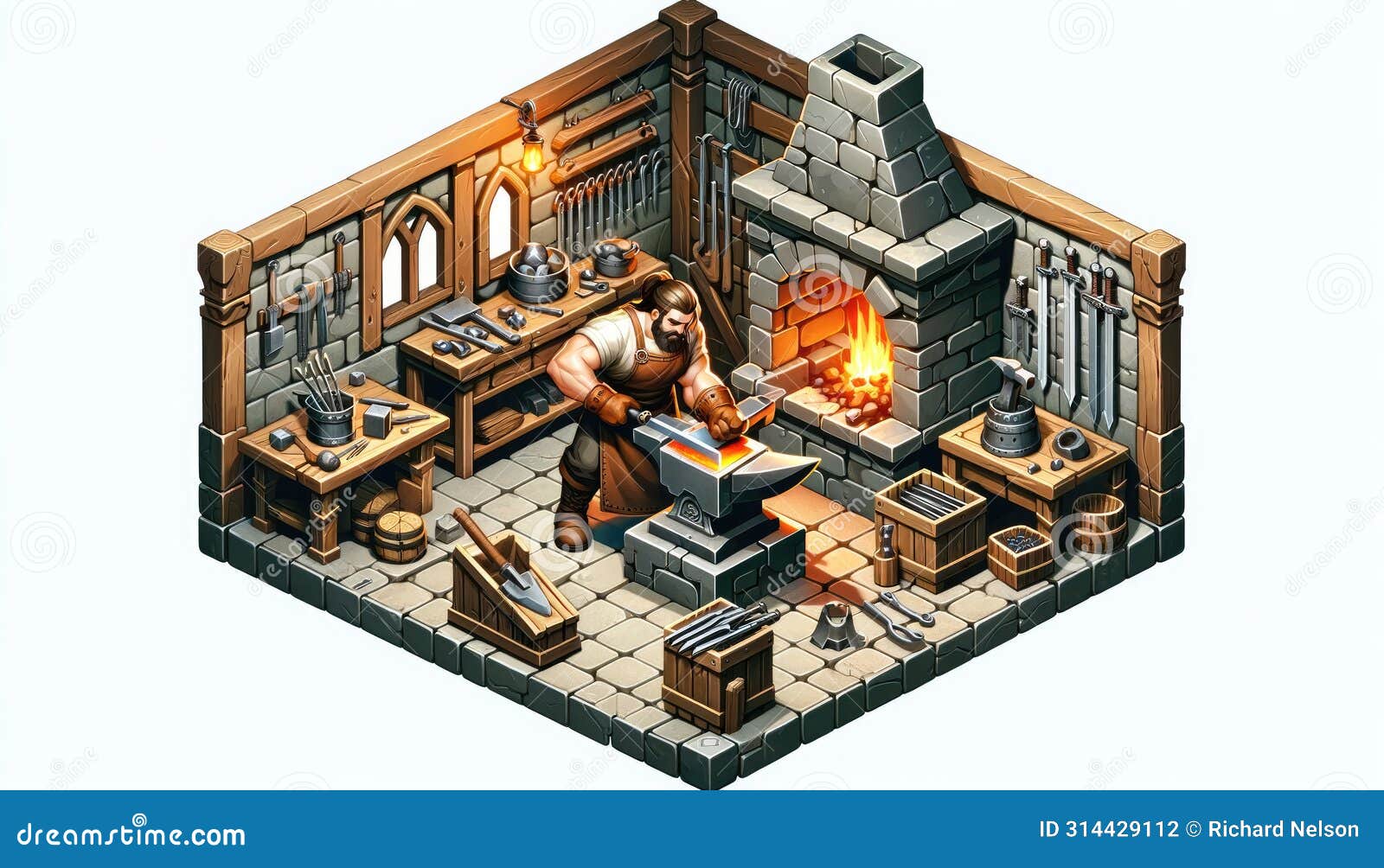 Blacksmith in Medieval Workshop Forging Metal with Traditional Tools Stock Illustration ...