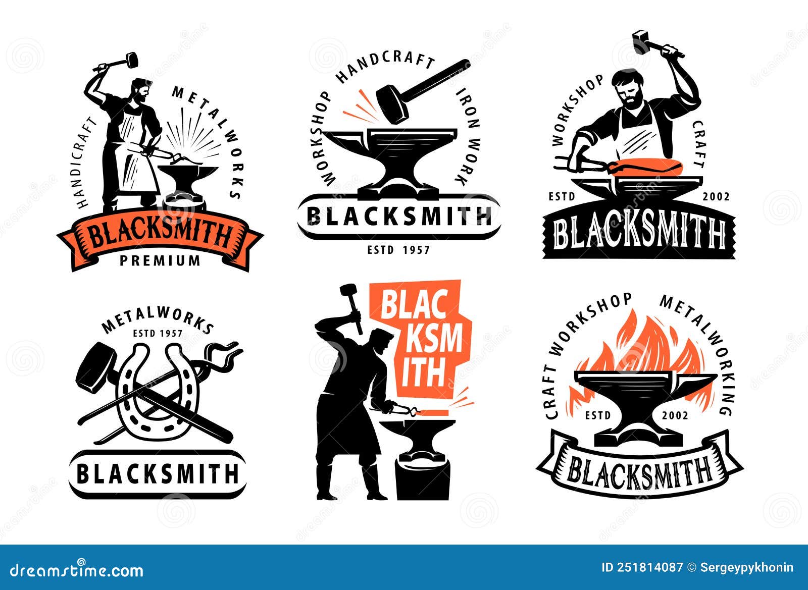 Blacksmith And Metalworks Badge Set. Labels Blacksmith And Workshop, Hammer And Anvil Emblem ...