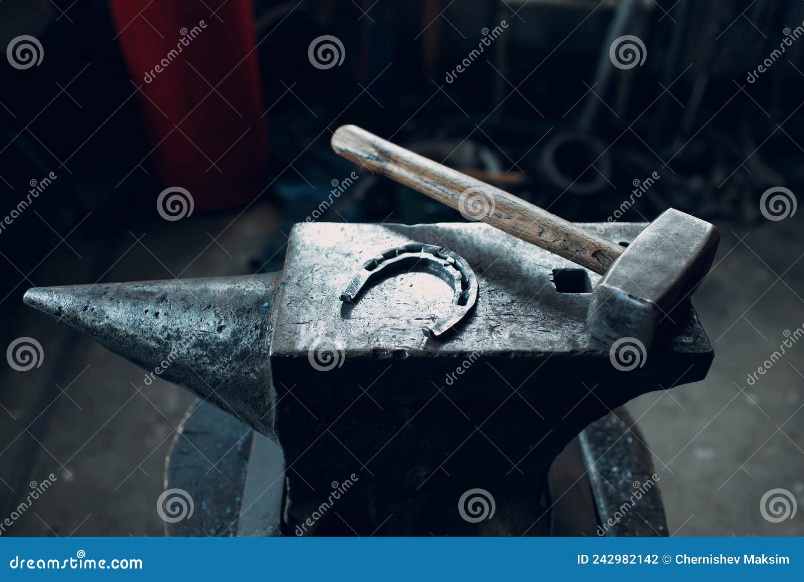 Blacksmith& X27;s Hammer on Metal Anvil at Forge. Overhead View. Stock ...