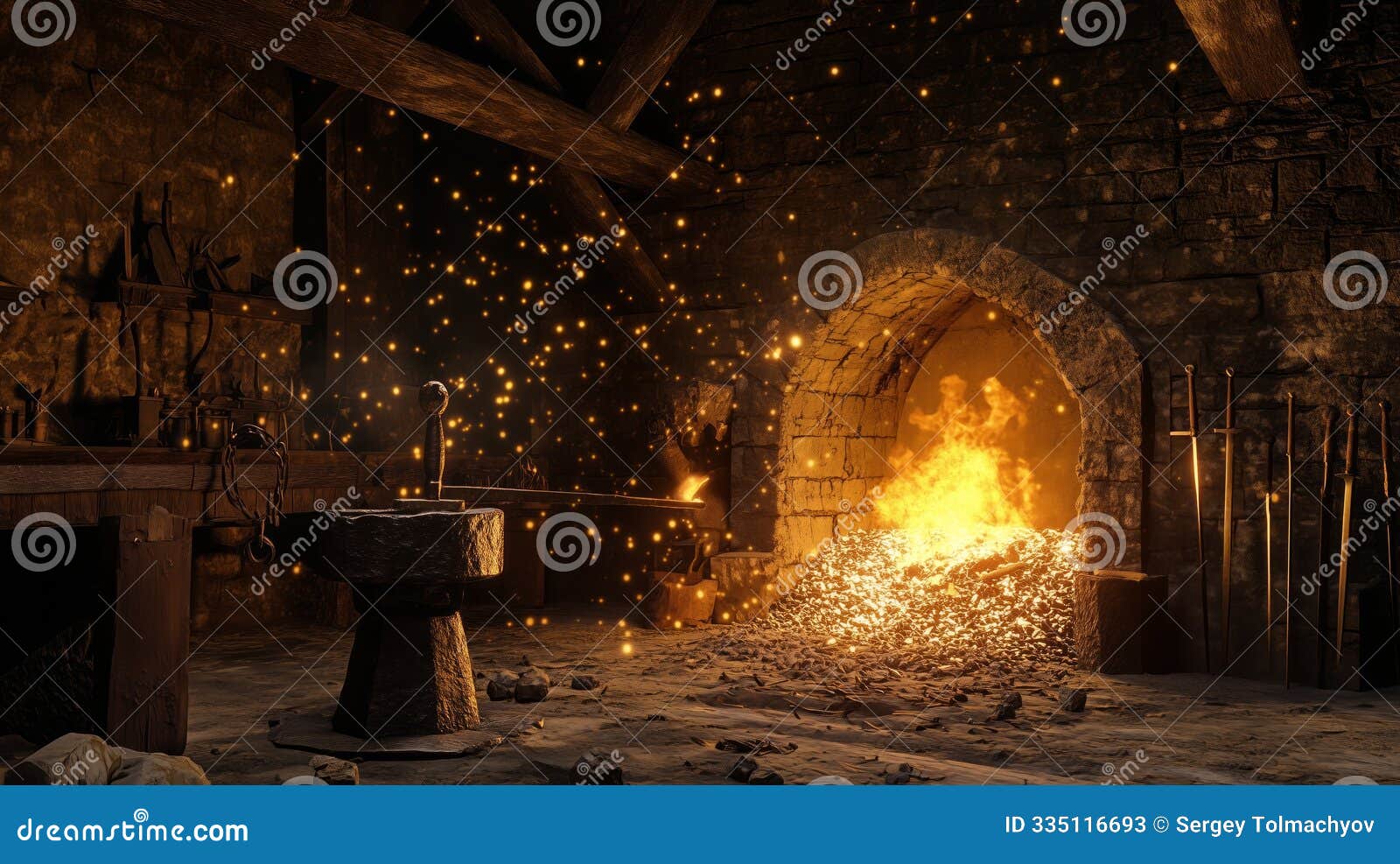 A Blacksmith’s Workshop in a Medieval Setting with a Roaring Forge and ...
