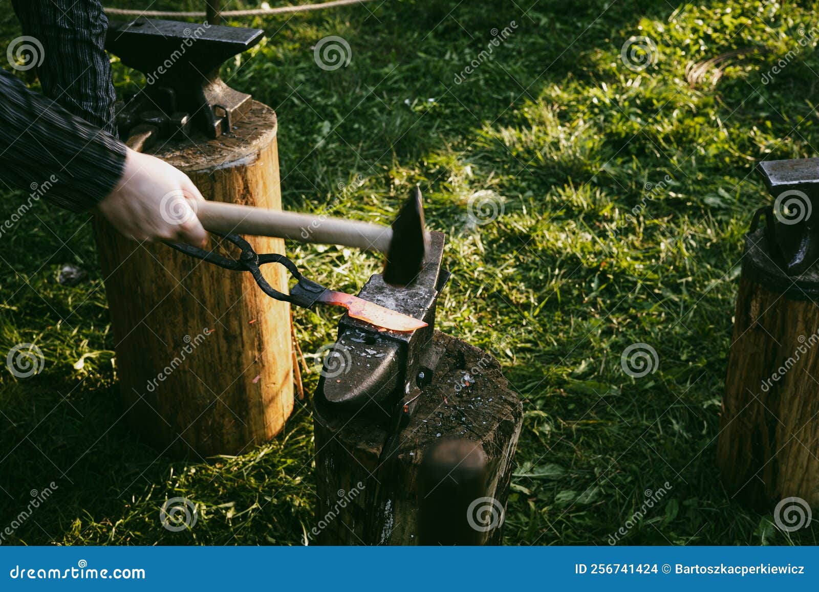Blacksmith S Workshop in the Open Air. the Process of Forging a Knife ...