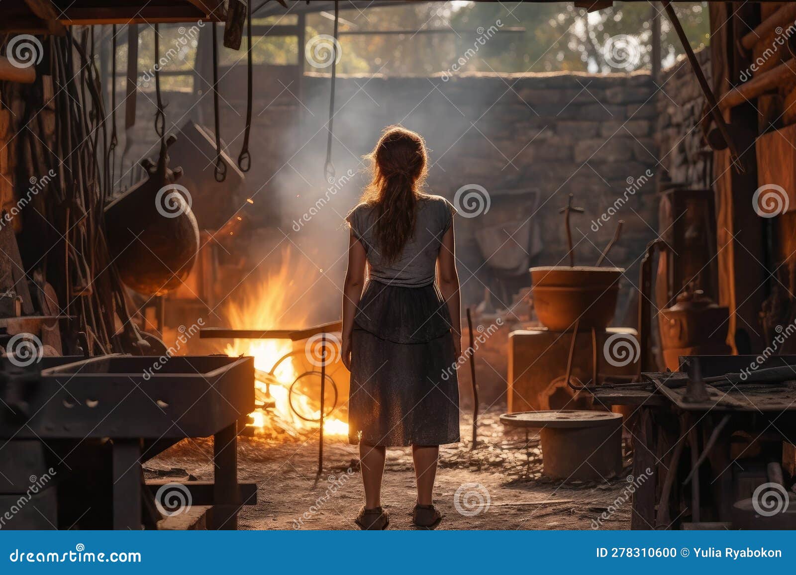 Blacksmith Woman Workshop Forge. Generate Ai Stock Illustration ...