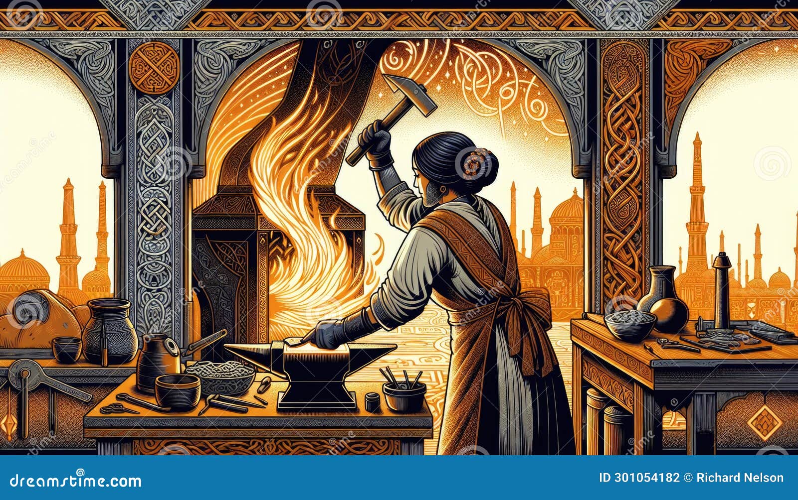 Blacksmith At Work In Forge Landing Page Set With Smiths Melt Metal ...