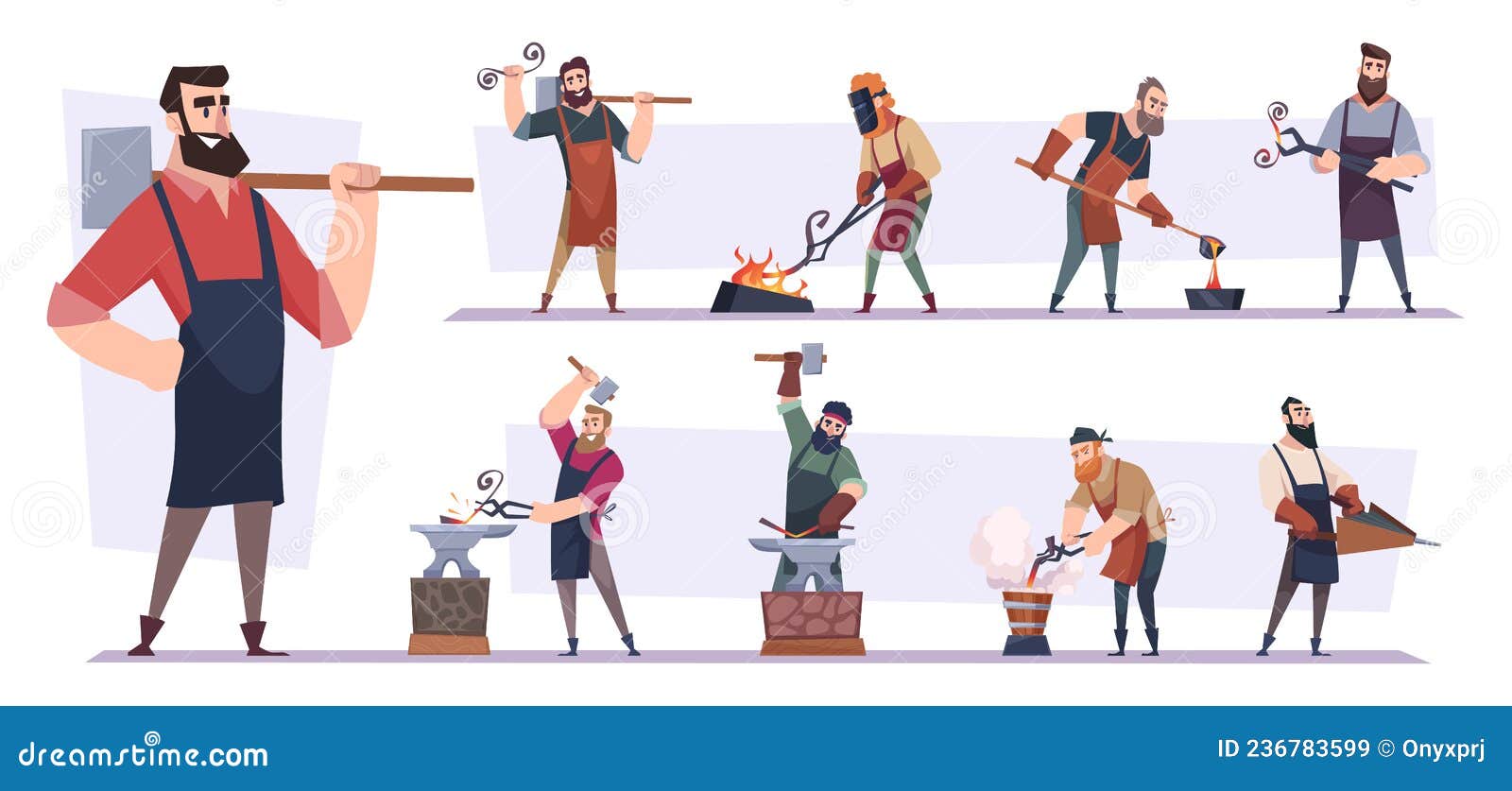 Blacksmith Worker. Character With Hammer Making Steel Sword In Foundry ...