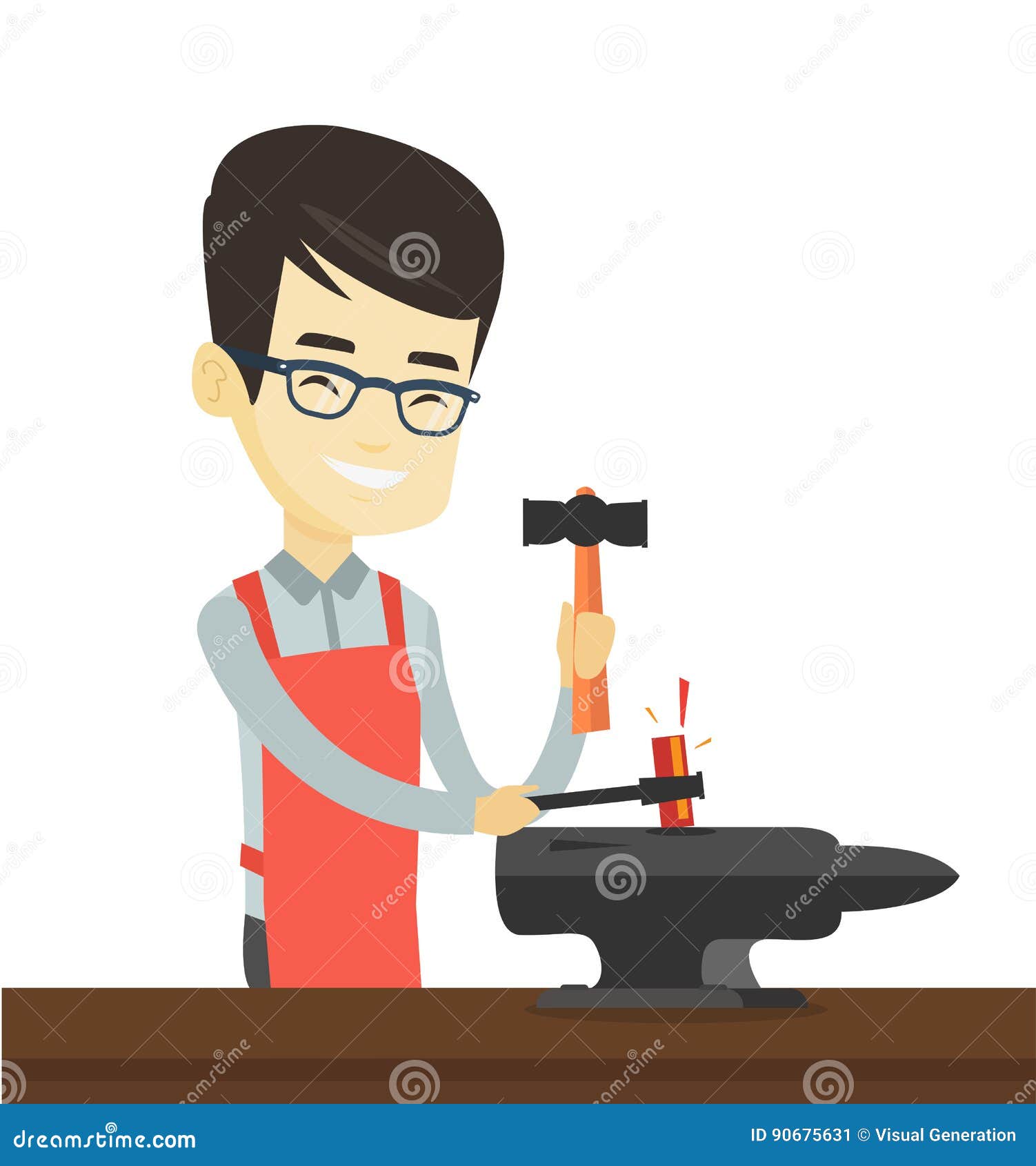 Blacksmith Working Metal With Hammer On The Anvil. Cartoon Vector ...