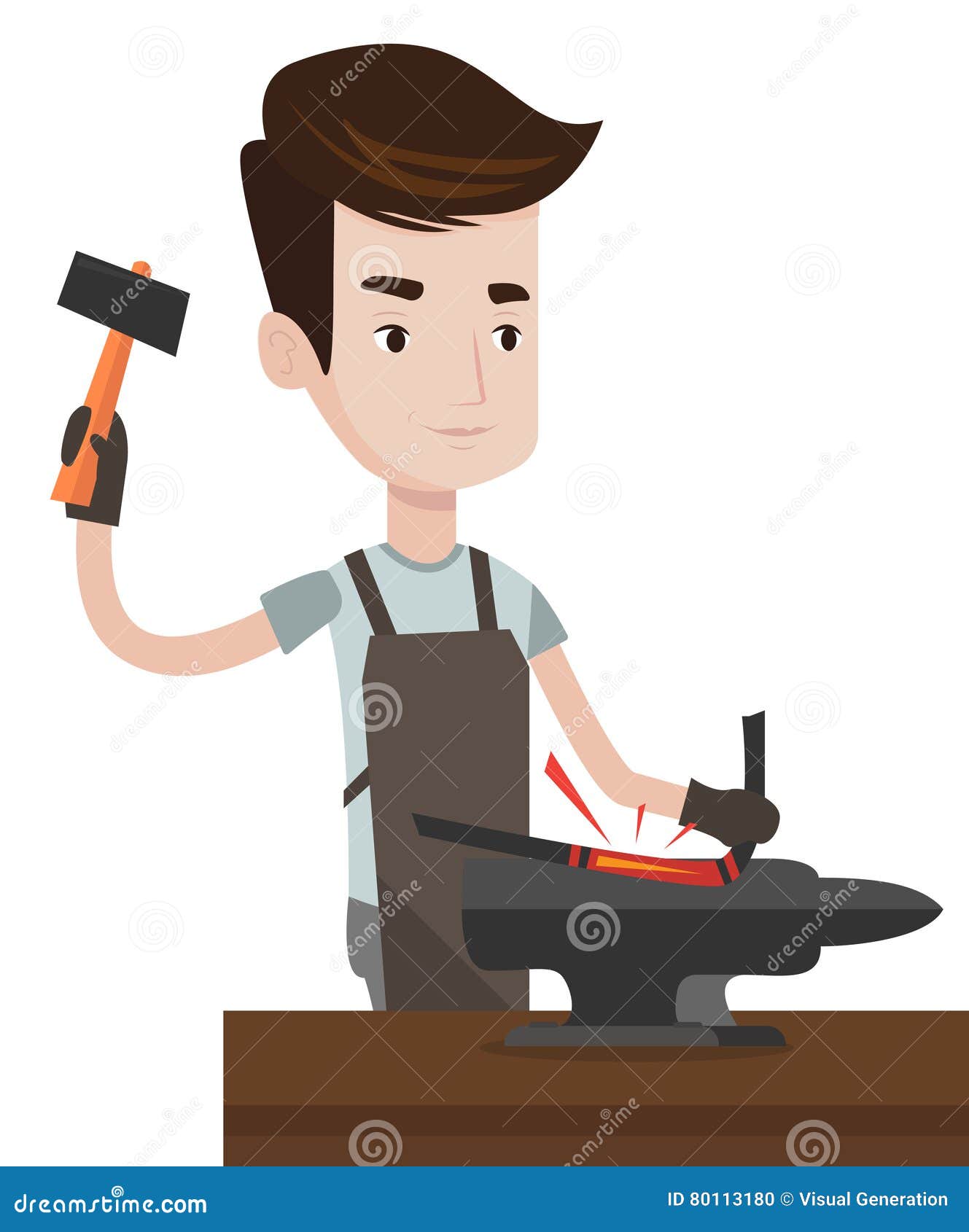 Blacksmith Working Metal With Hammer On The Anvil. Cartoon Vector ...