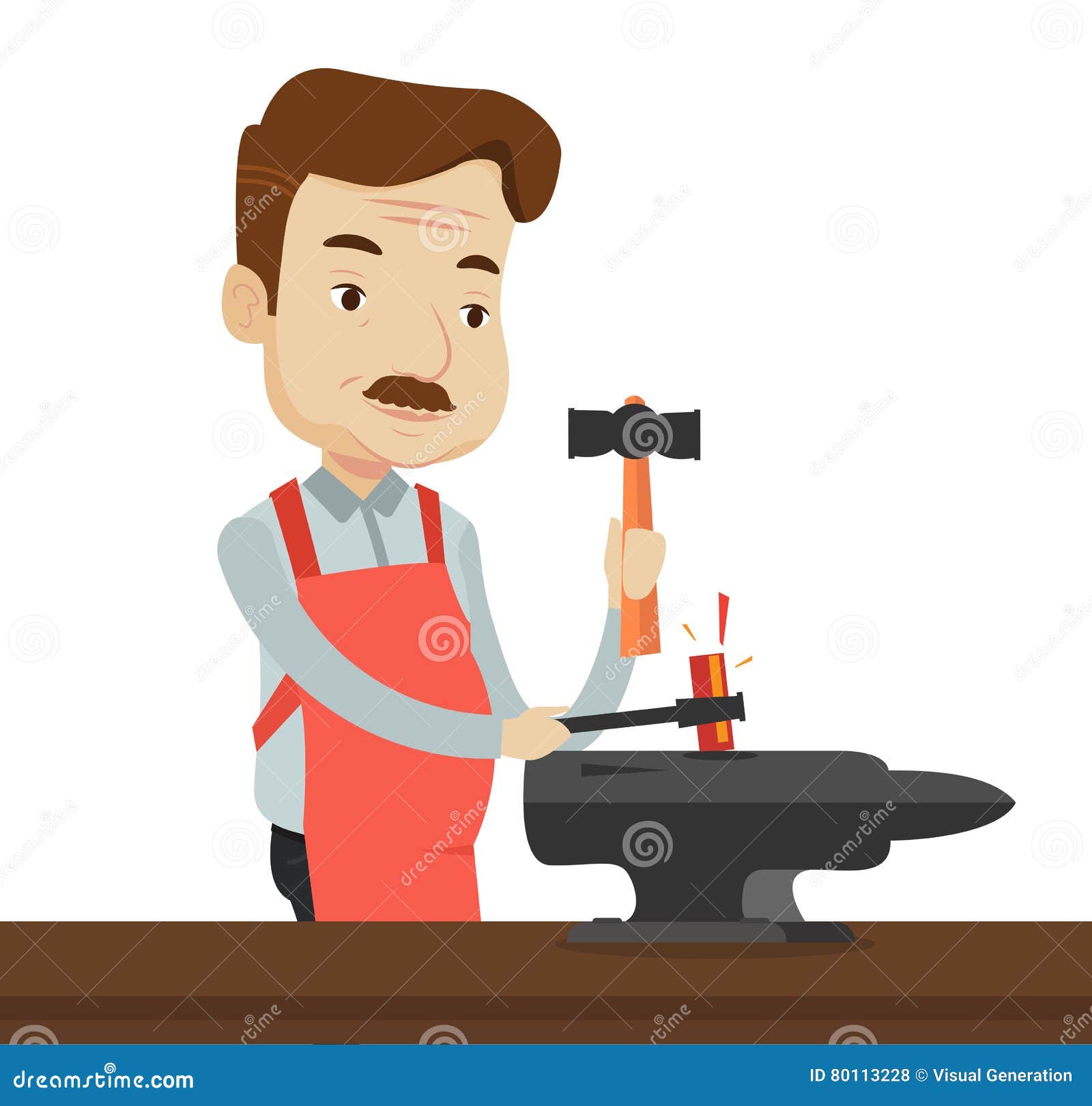 Blacksmith Working Metal With Hammer On The Anvil. Cartoon Vector ...