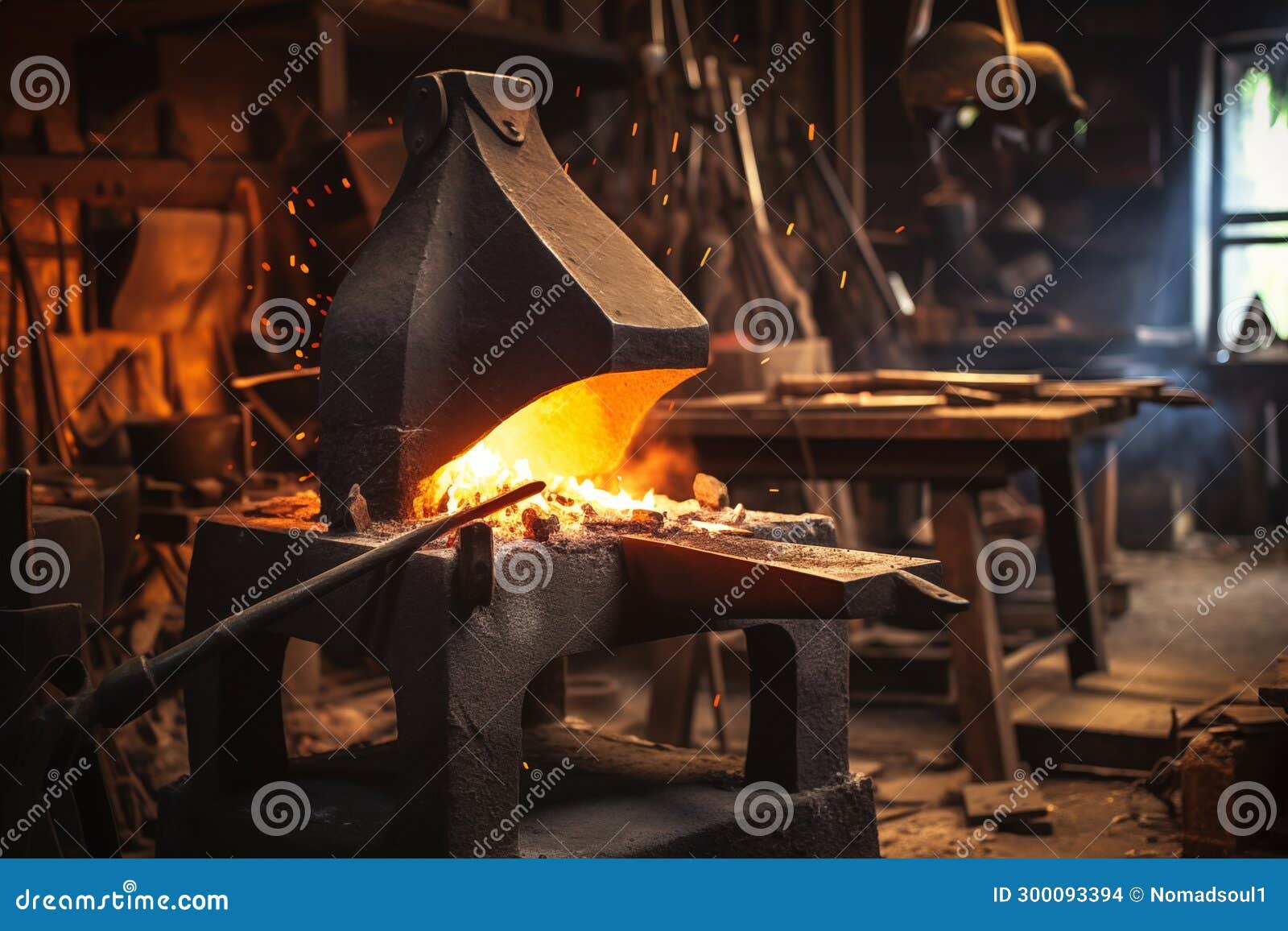 Blacksmith Workshop Anvil with Fire and Flash Sparkles. Generative AI ...