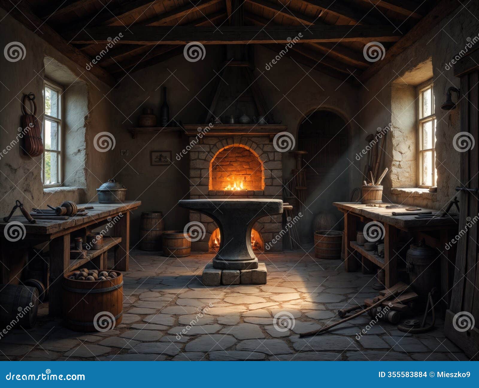 Blacksmith Workshop with Glowing Forge and Wooden Tools during Daylight ...
