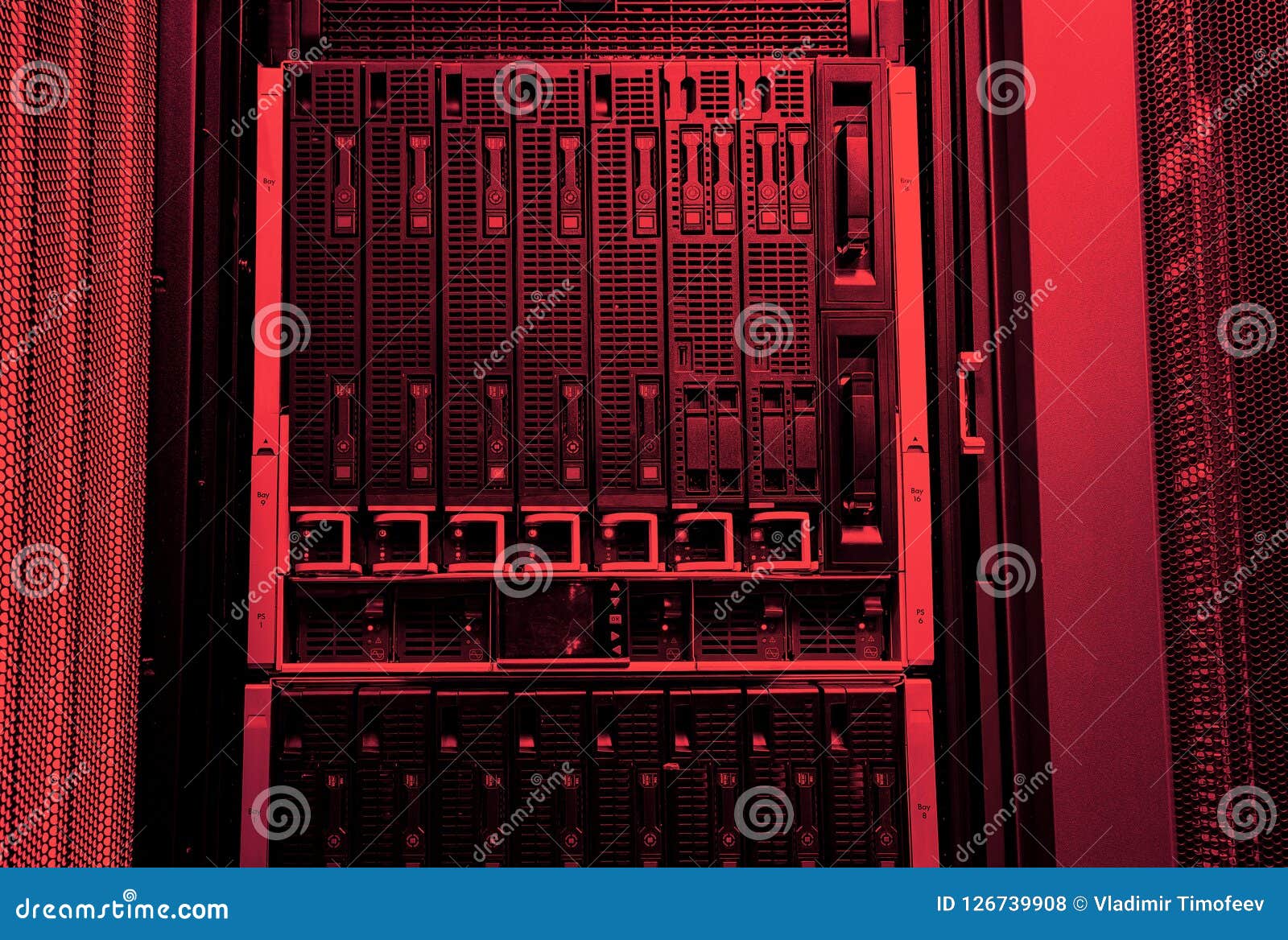 Big Data Server Cloud Hardware in Red Light Close-up in Series of ...