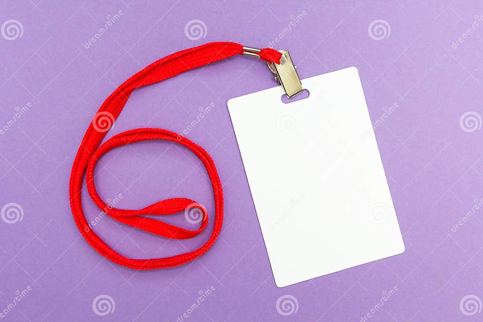 Blank Badge Mockup on Purple Background. Plain Empty Name Tag with Red ...