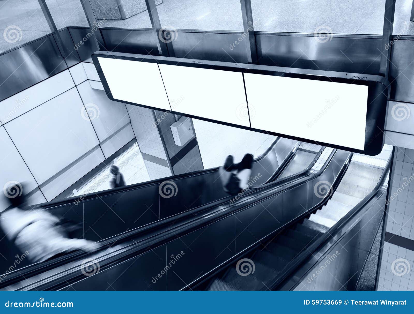 Blank Banner Billboard Display with Escalator and People in Subw Stock ...