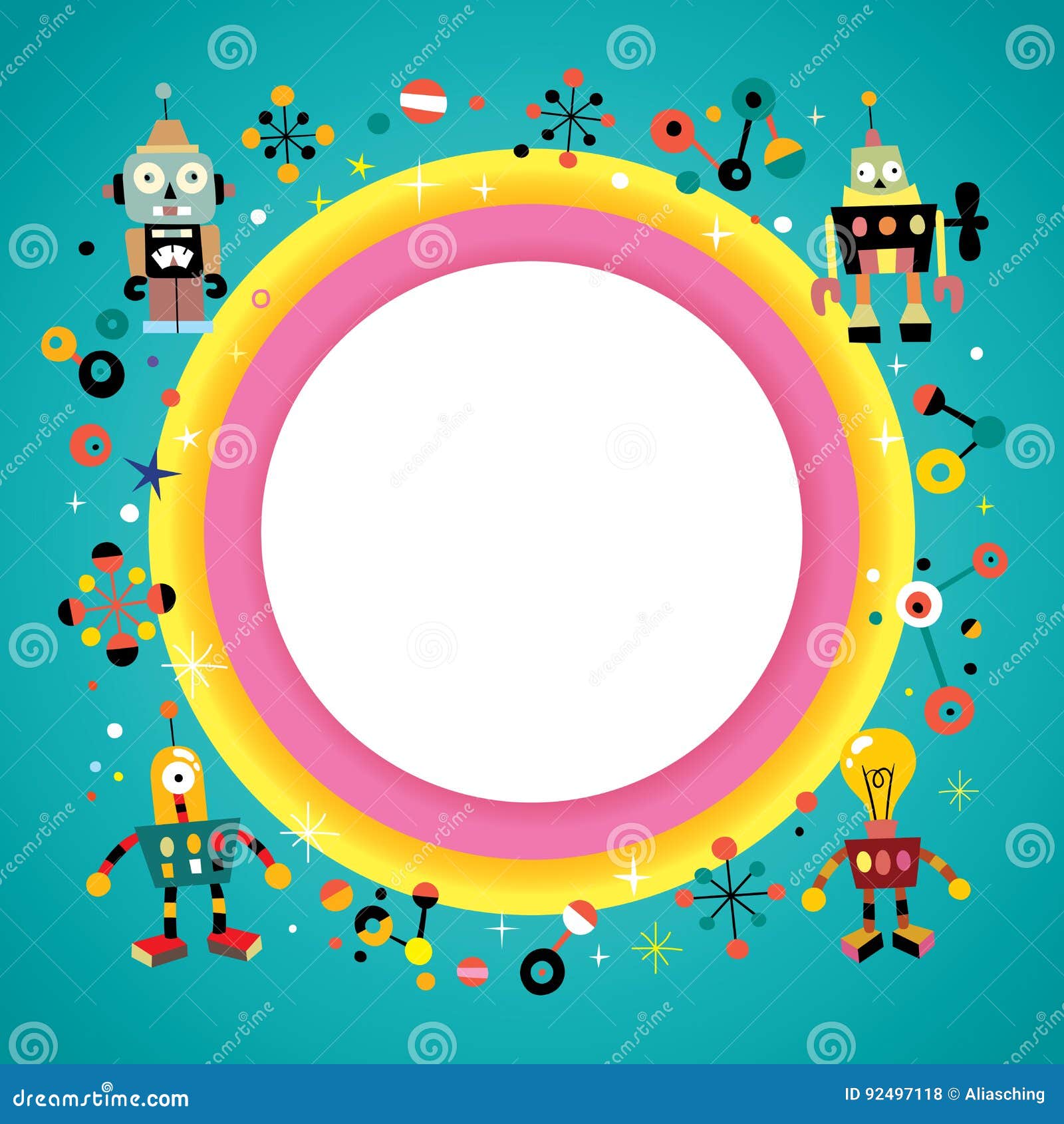 Blank Banner Round Frame Border With Robots Vector Illustration ...