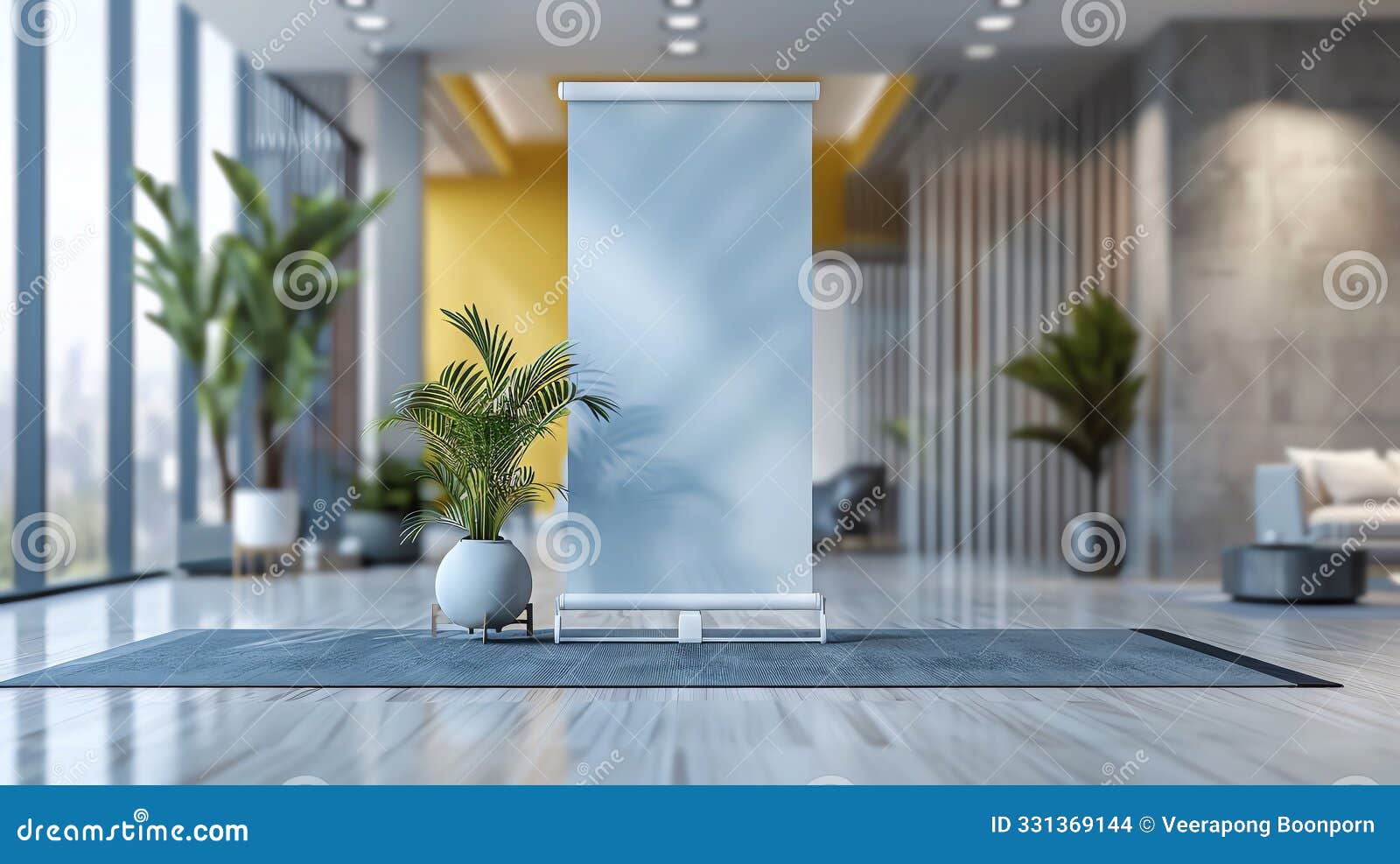 Blank Banner Stand in a Modern Office Lobby with Plants and a Rug Stock ...