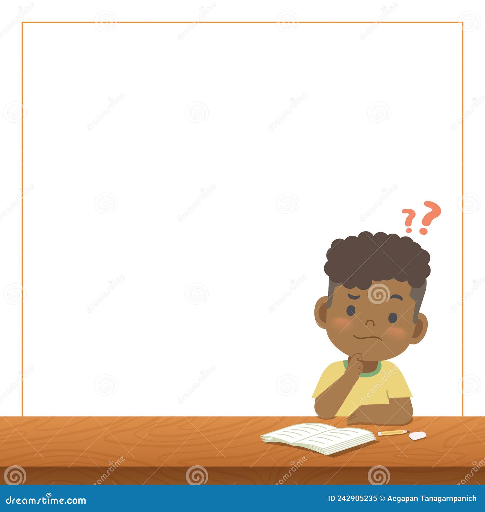 Blank Banner Text Box Frame and a Black Boy Study at the Desk with a ...