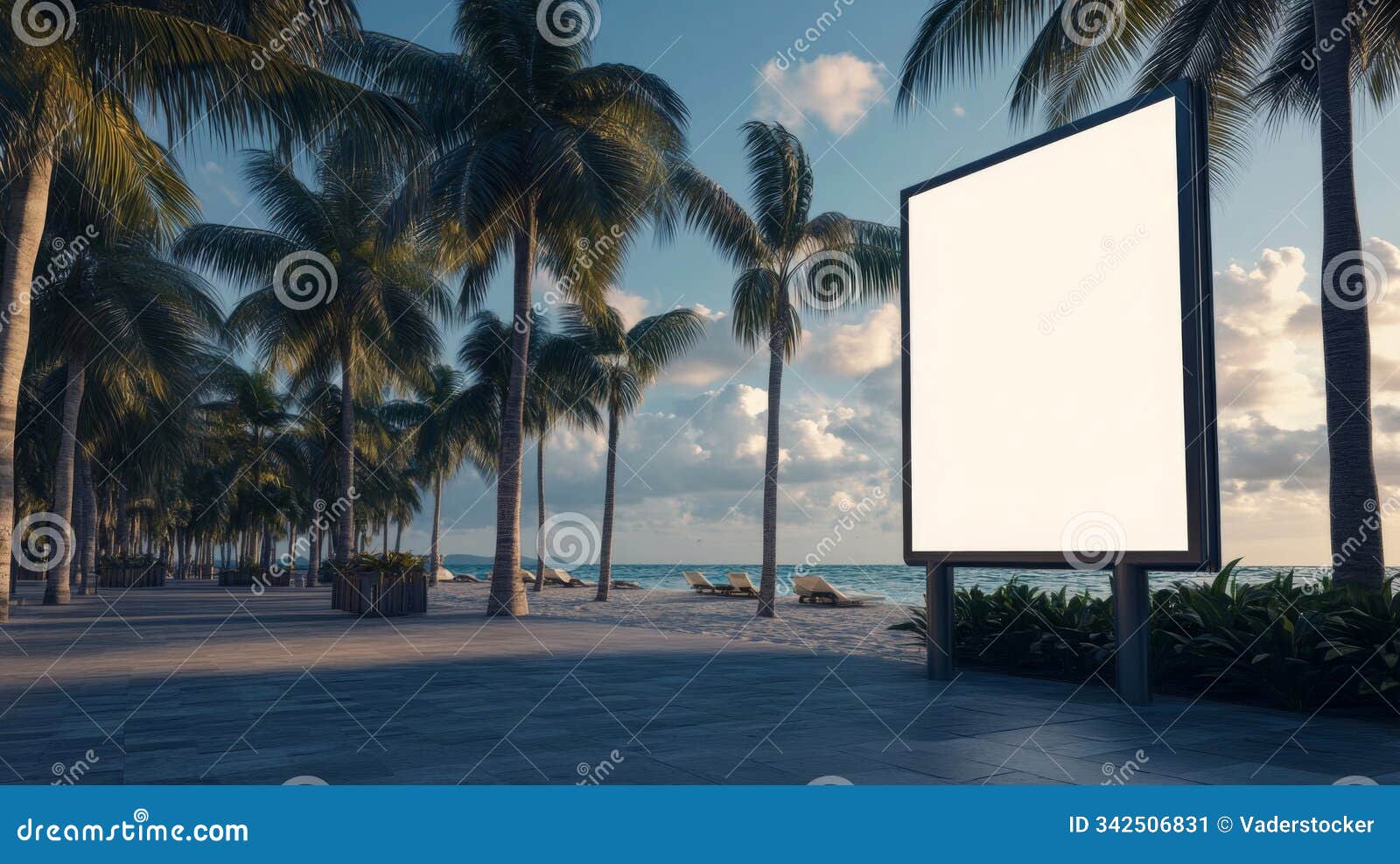 Blank Billboard Ad on Tropical Beach with Palm Trees Stock Illustration ...