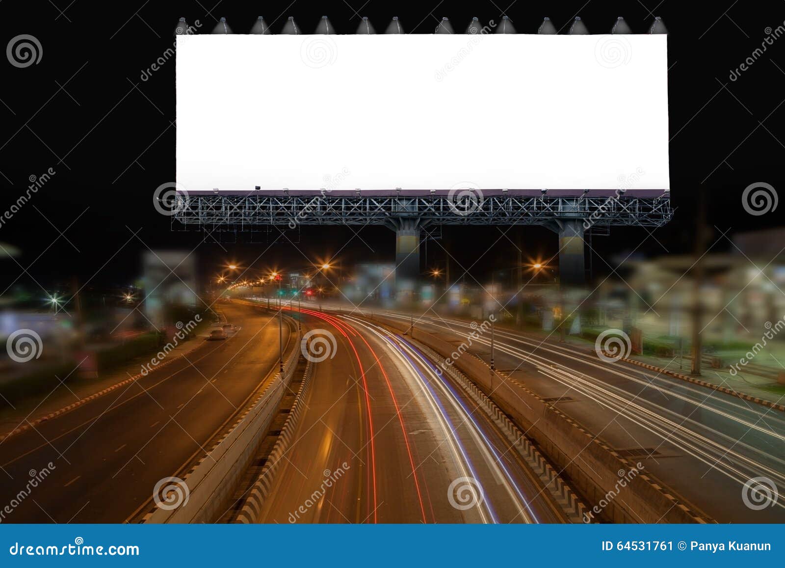 Blank Billboard and Light on Highway Road in Night Time. Stock Image ...
