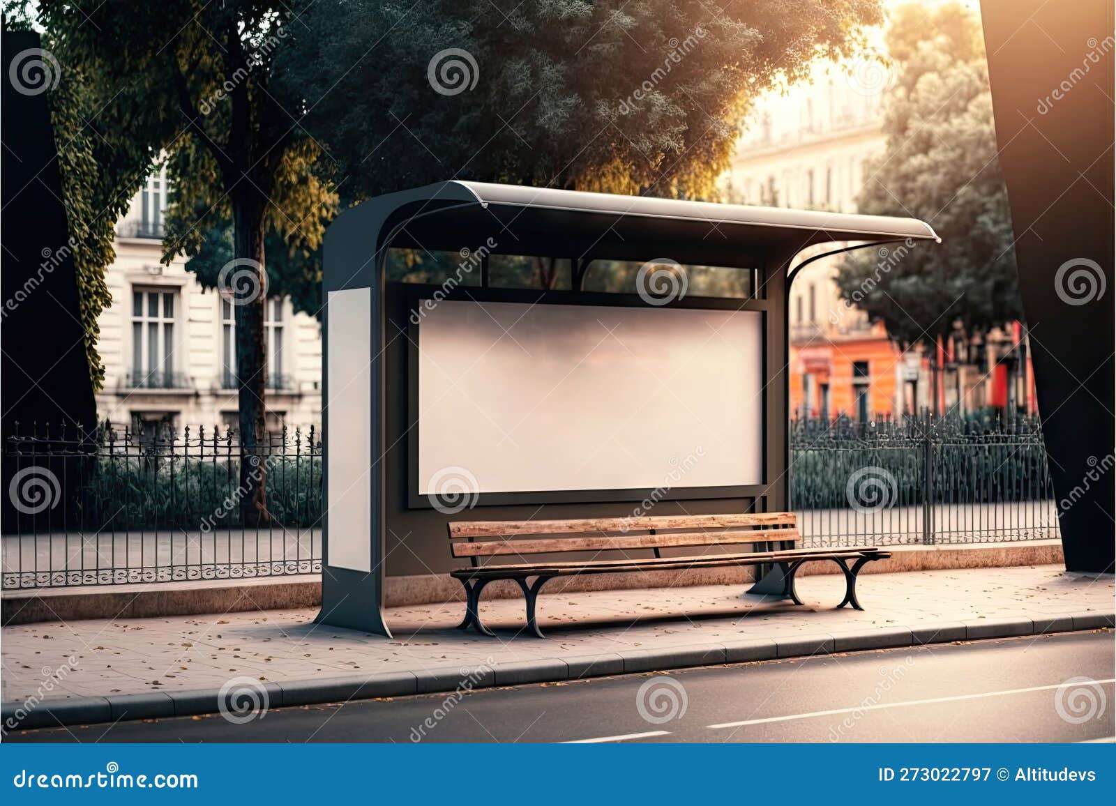 Blank Billboard Mockup at Stop Along Road with Empty Bench Stock Image ...