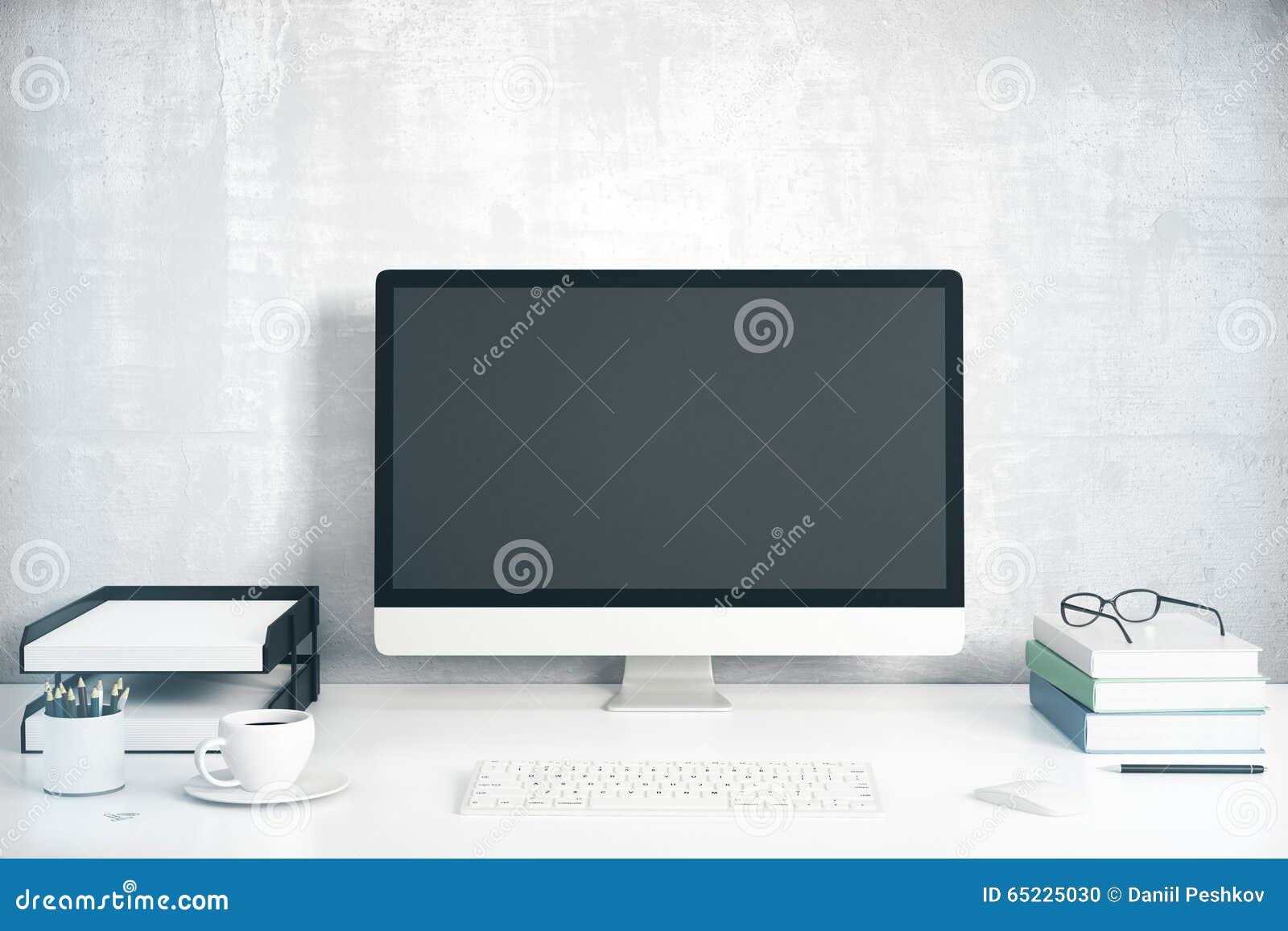 Blank Black Computer Screen with Office Accessories on White Tab Stock ...