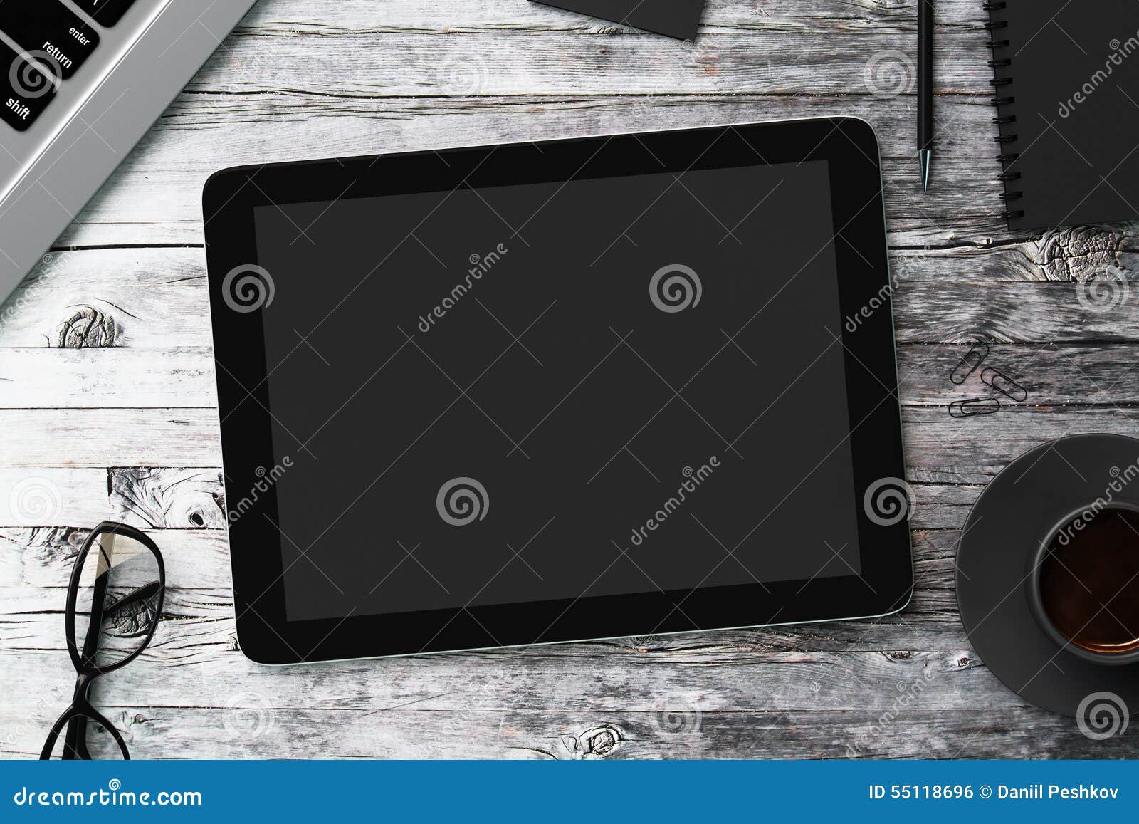 Blank Black Digital Tablet on a Wooden Table Stock Photo - Image of ...
