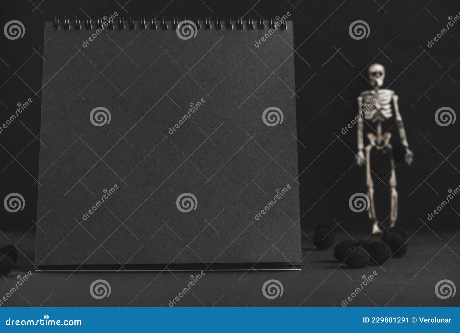 Blank Black Notebook on a Black Background with a Blurred Skeleton and ...