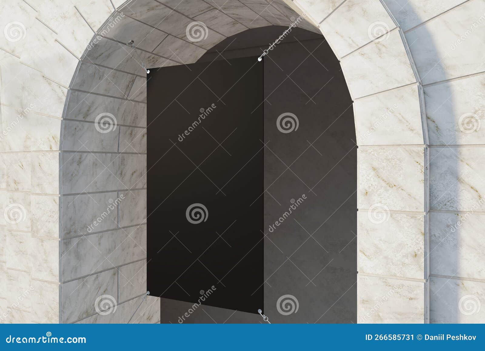 Blank Black Rectangular Banner Hanging on Building Facade Arch ...