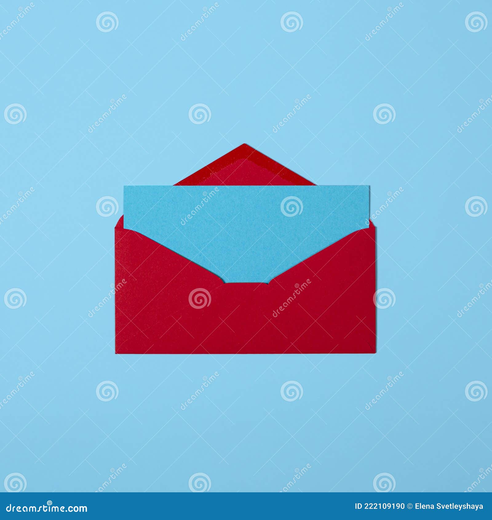 Blank Blue Card with Red Envelope Isolated on Blue Background. Template ...