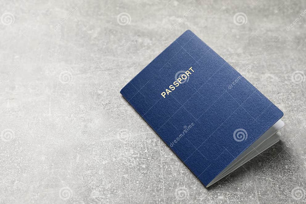 Blank Blue Passport on Grey Table , Space for Text Stock Photo - Image ...