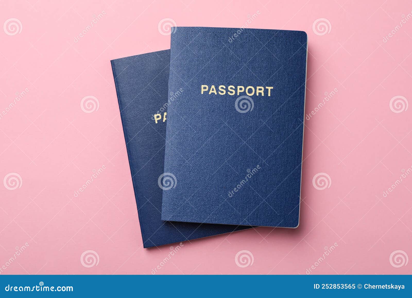Blank Blue Passports on Pink Background, Flat Lay Stock Image - Image ...