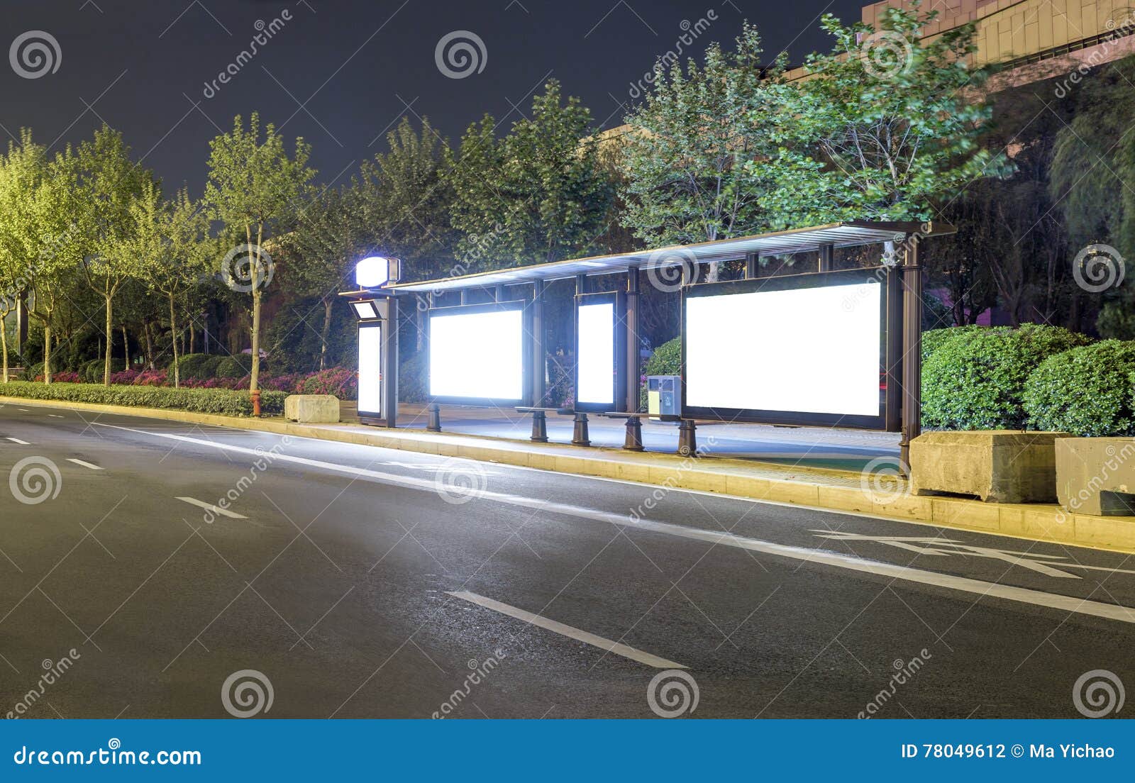 Blank Bus Stop Advertising Billboard in the City at Night Stock Photo ...