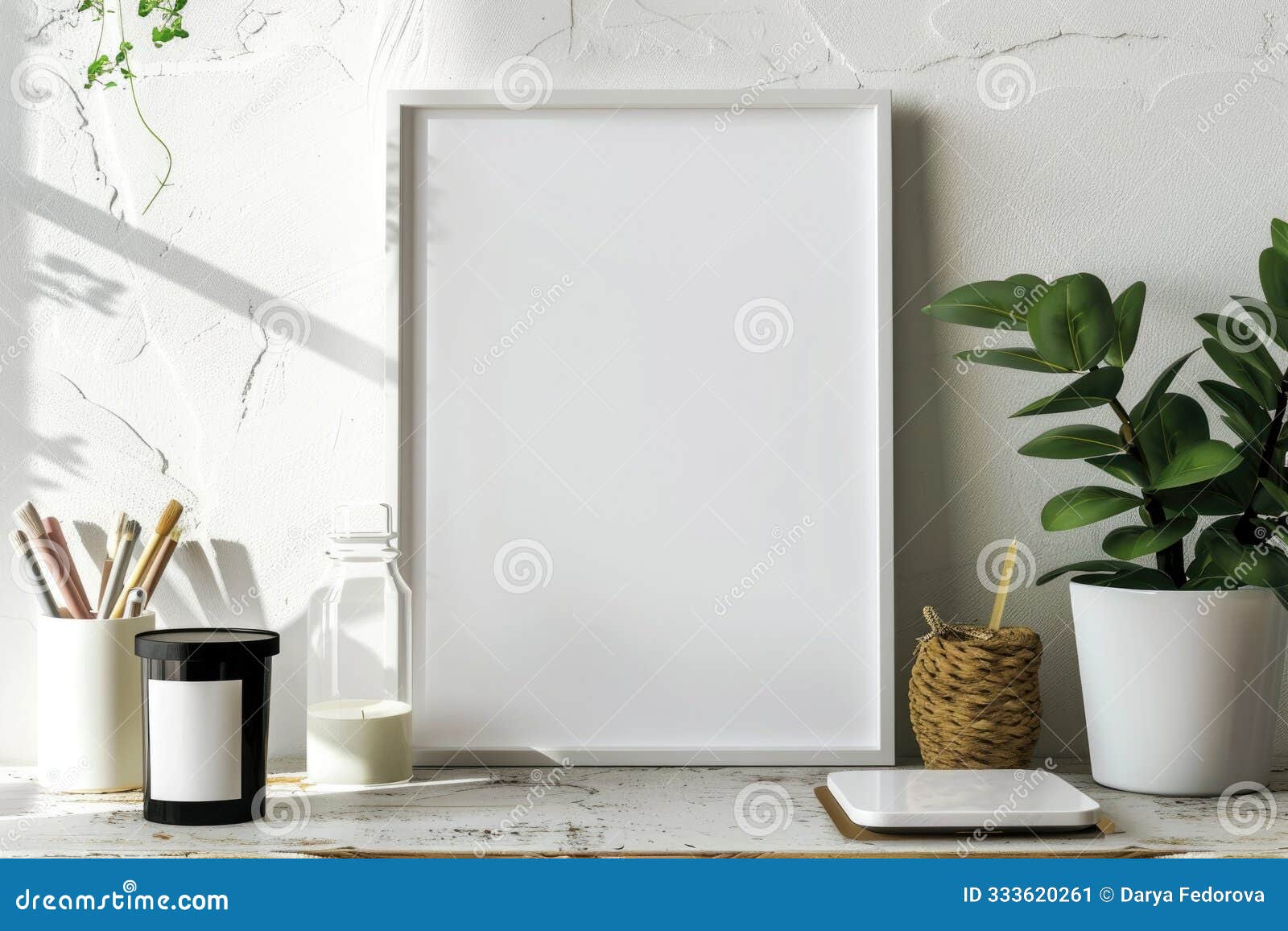 Blank Canvas Artwork Frame on Modern Desk with Plants and Stationery ...
