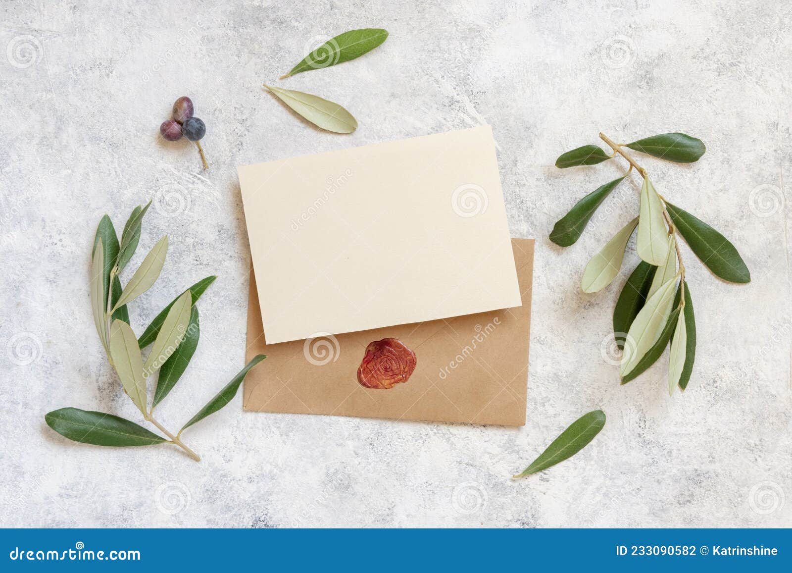 Blank Card and Envelope on Table with Olive Tree Branches Stock Photo ...