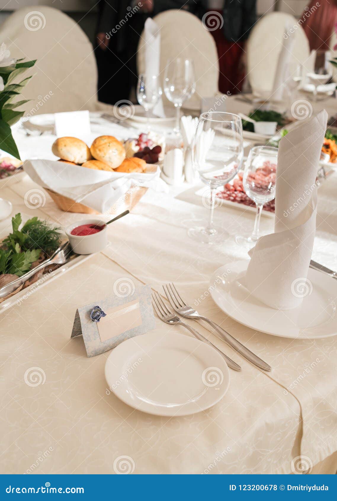 Blank Card for Guests Near White Empty Plate on Dinner Table Stock ...
