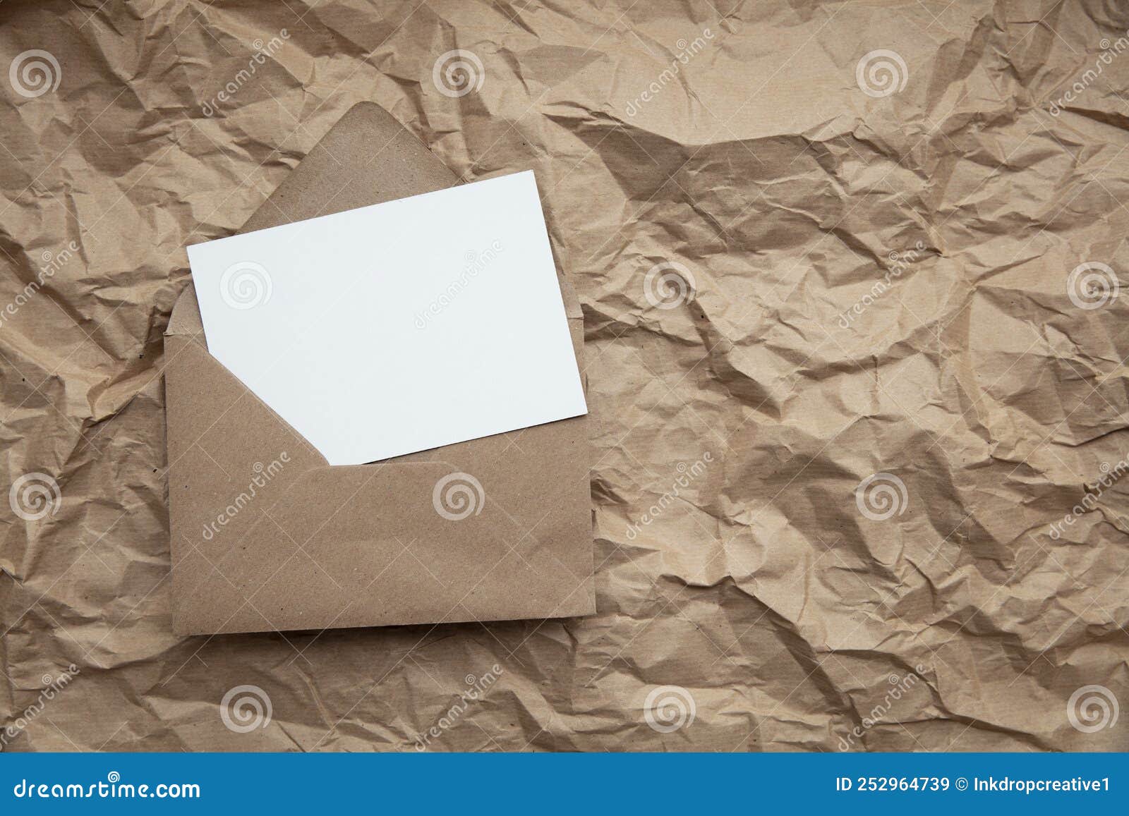 Blank Card with Kraft Brown Paper Envelope Template Mock Up on Crumpled ...