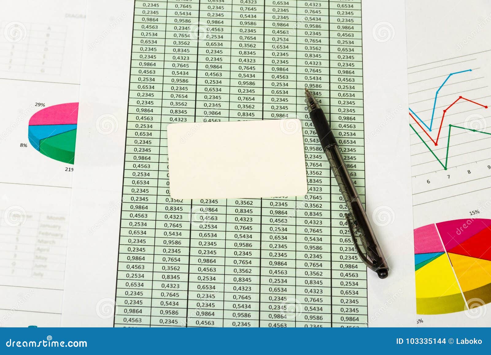 Blank Card, Pen, Sheets of Paper with Accounts and Charts. Stock Photo ...