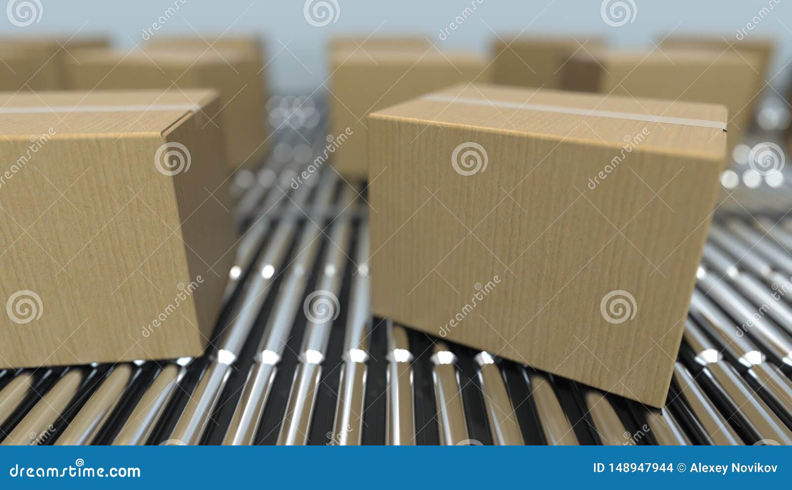 Blank Carton Boxes Move on Roller Conveyors. 3D Rendering Stock ...
