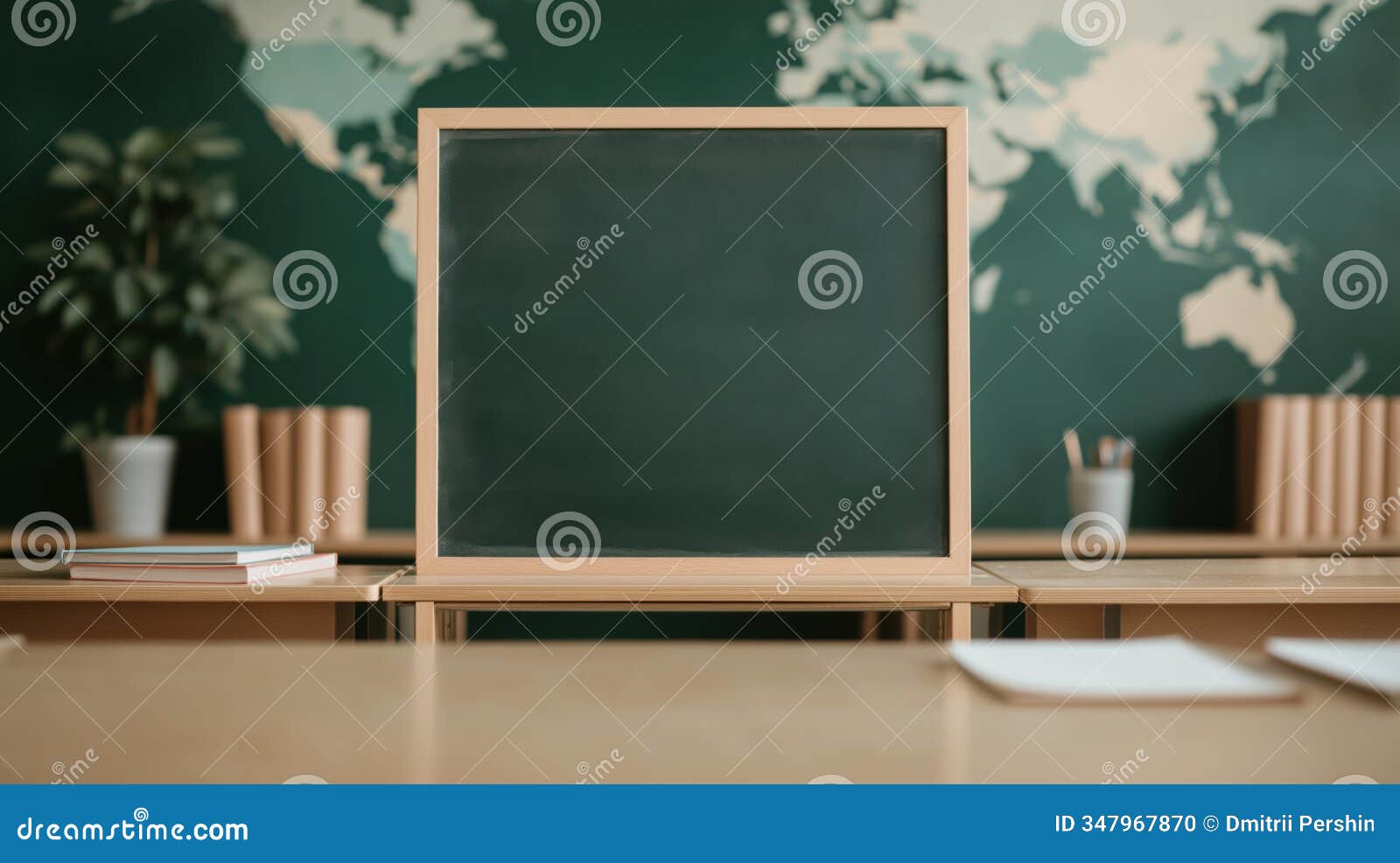 Blank Chalkboard in Classroom Setting with World Map for Educational ...