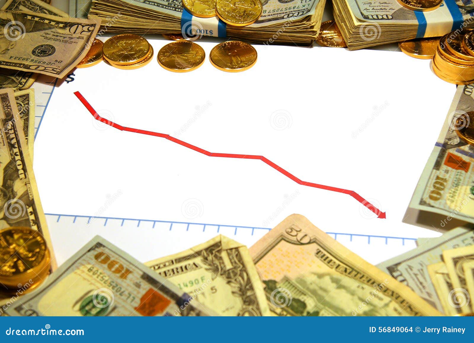 Blank Chart Falling Down Dropping Red with Money and Gold Stock Photo ...