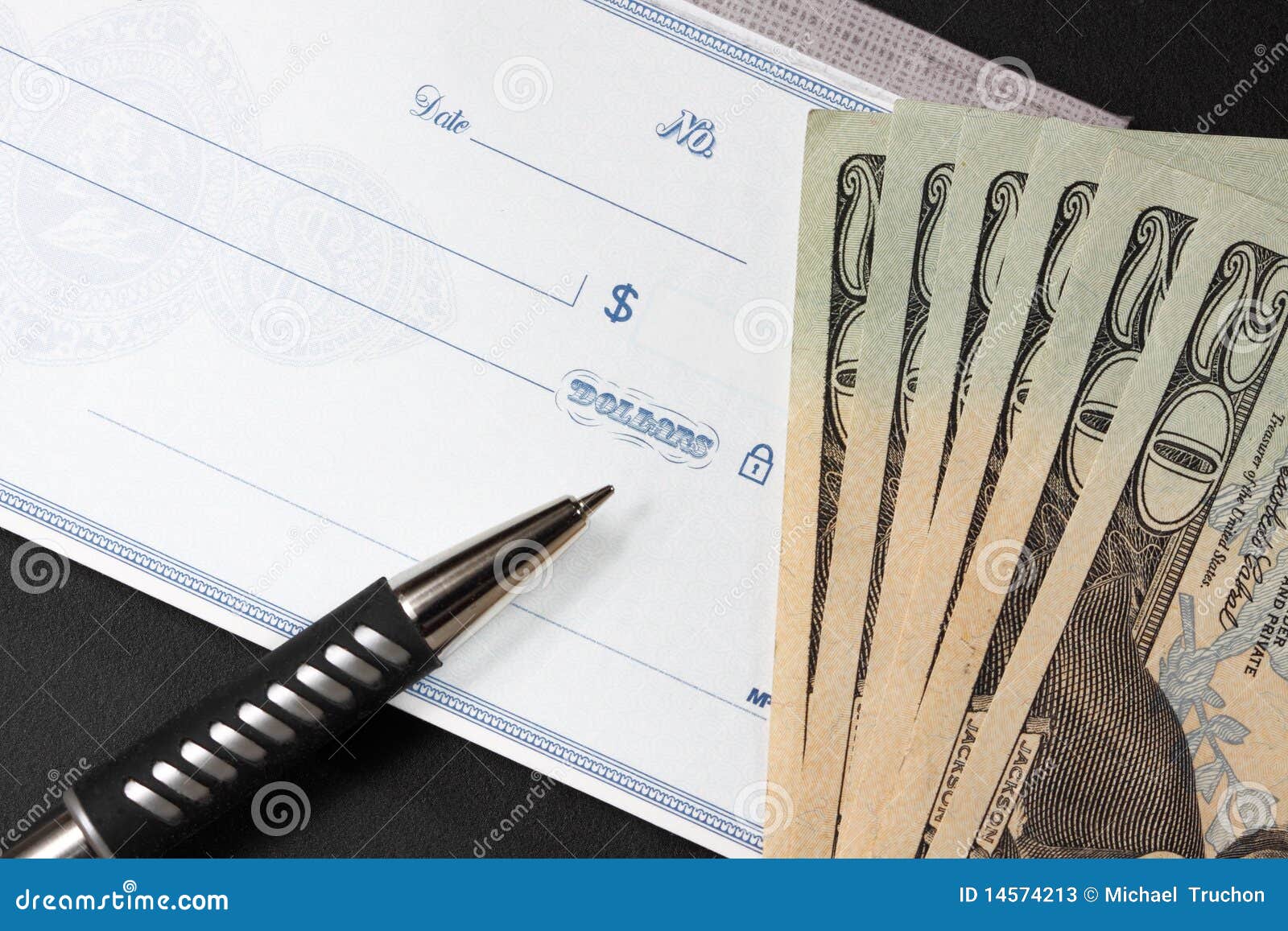 Blank Check with Twenty Dollar Bills at Its Side Stock Image - Image of ...