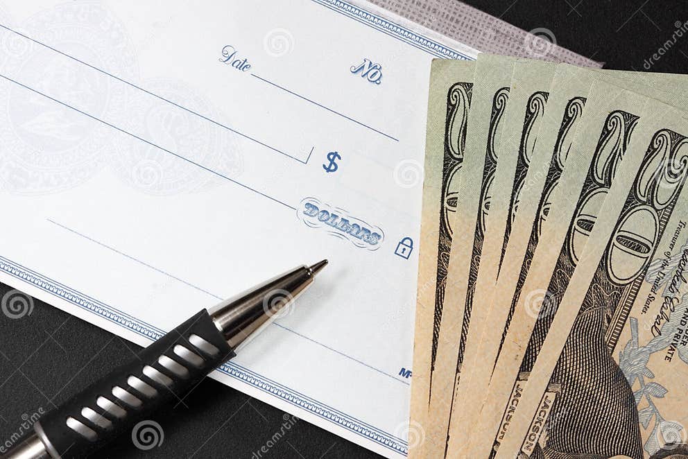 Blank Check with Twenty Dollar Bills at Its Side Stock Image - Image of ...