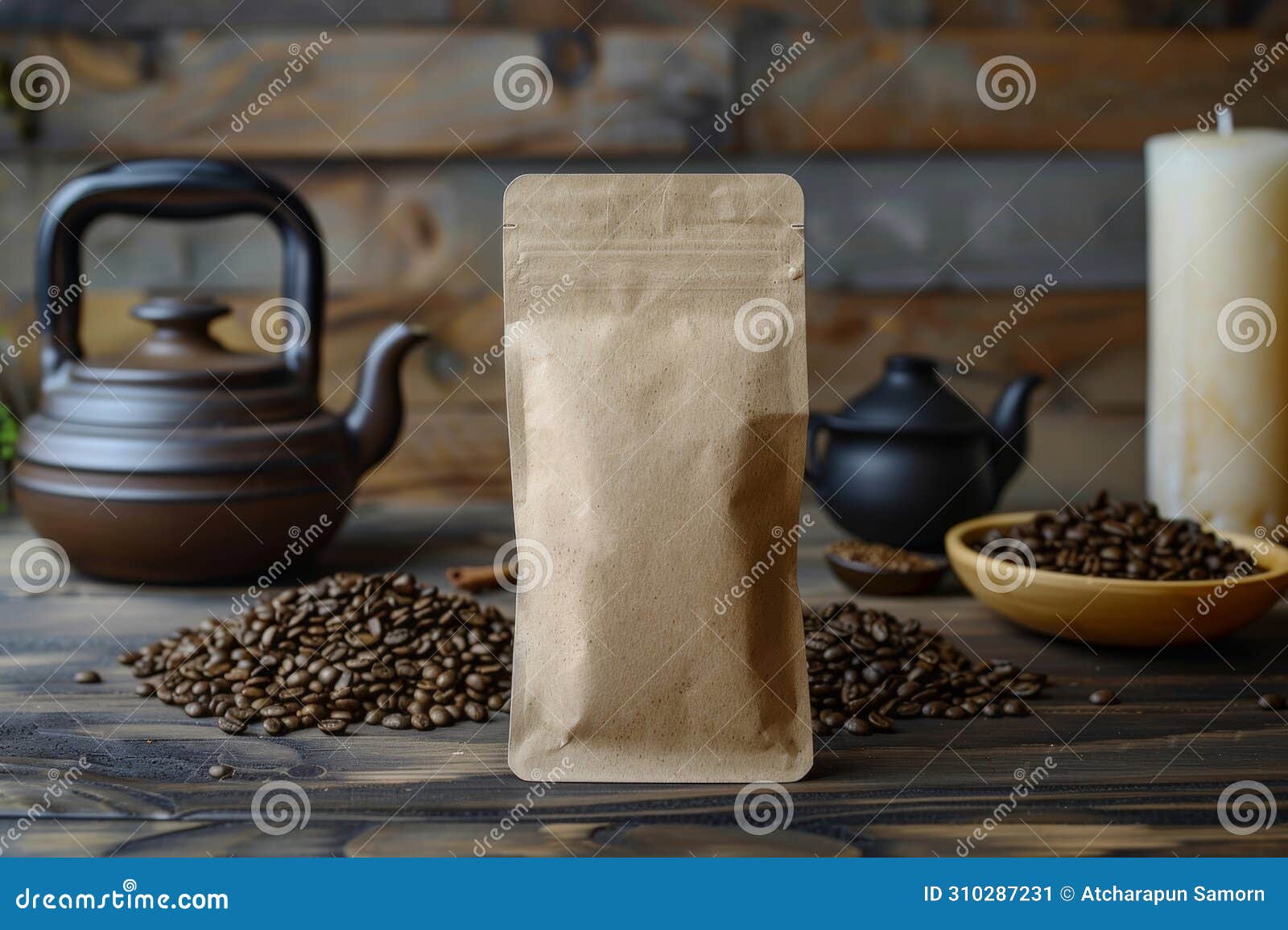 Blank Coffee Packaging on a Wooden Table, Packaging Mockup with Empty ...
