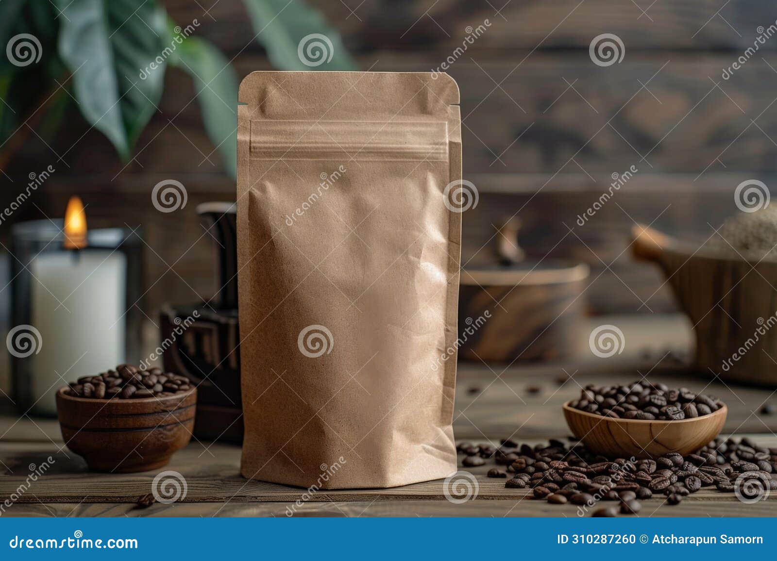 Blank Coffee Packaging on a Wooden Table, Packaging Mockup with Empty ...