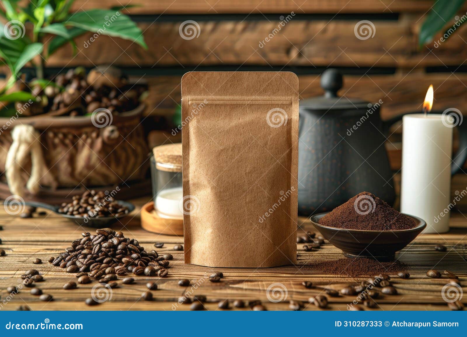 Blank Coffee Packaging on a Wooden Table, Packaging Mockup with Empty ...