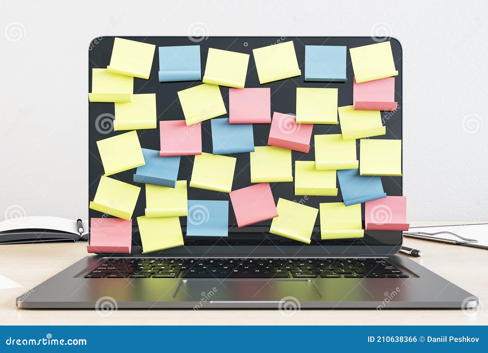 Blank Colored Reminder Notes on Laptop Display on Light Wood Office ...