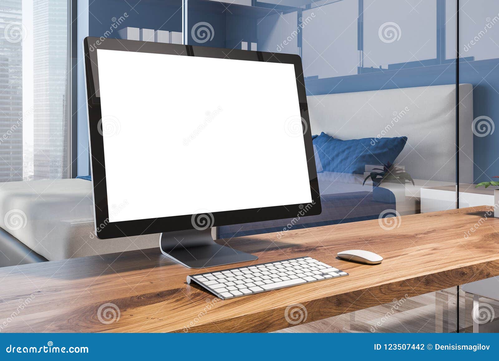 Blank Computer Screen in Blue Bedroom Home Office Stock Illustration ...